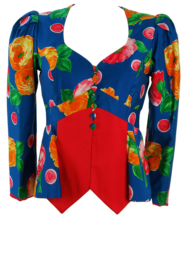 Vibrant Blue, Red & Yellow Floral Patterned Jacket with Peplum Detail ...