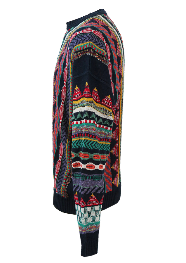 Navy & Multi Coloured Striped Pattern Jumper - M/L | Reign Vintage