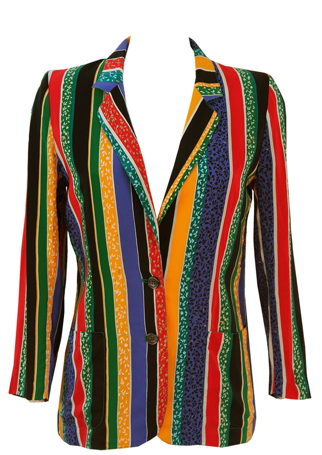 100% Silk, Multicoloured Striped Jacket with Floral Ditsy Print Detail ...
