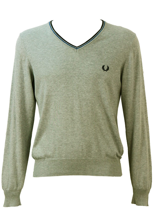 Fred Perry Light Grey V-Neck Cotton Jumper - S | Reign Vintage