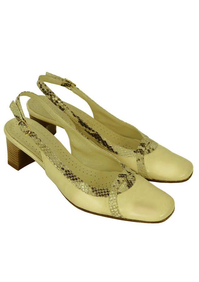 Cream Leather Slingbacks with Grey Faux Snakeskin Trim - UK Size 3 ...