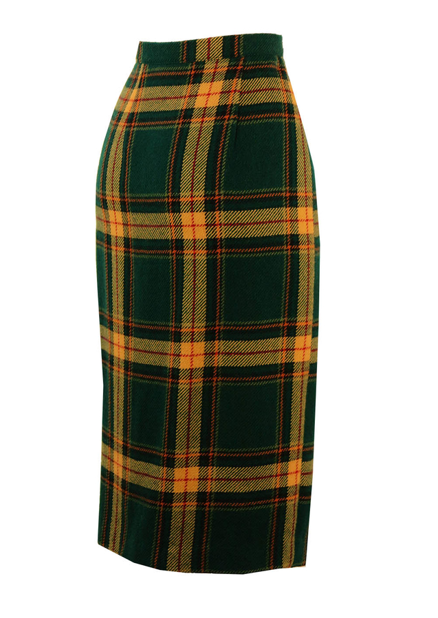 Pure Wool Green & Yellow Tartan Skirt - M | Reign Vintage